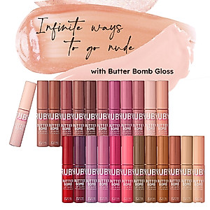 Ruby Kisses Lip Gloss Butter Bomb Gloss Non-Sticky Lip Gloss Vitamin E Natural Nude Lip Makeup- 7.8mL (0.26 US fl.oz) without Box (Champagne, Warm Hug, Flirty, Pilowtalk)