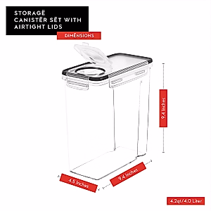 DWËLLZA KITCHEN Cereal Containers Storage Set - Cereal Dispenser Airtight Food Storage Container BPA-Free 4 Pc (135.2oz) Pantry Organization and Storage 8 Labels 1 Marker, Canister for Sugar & Flour