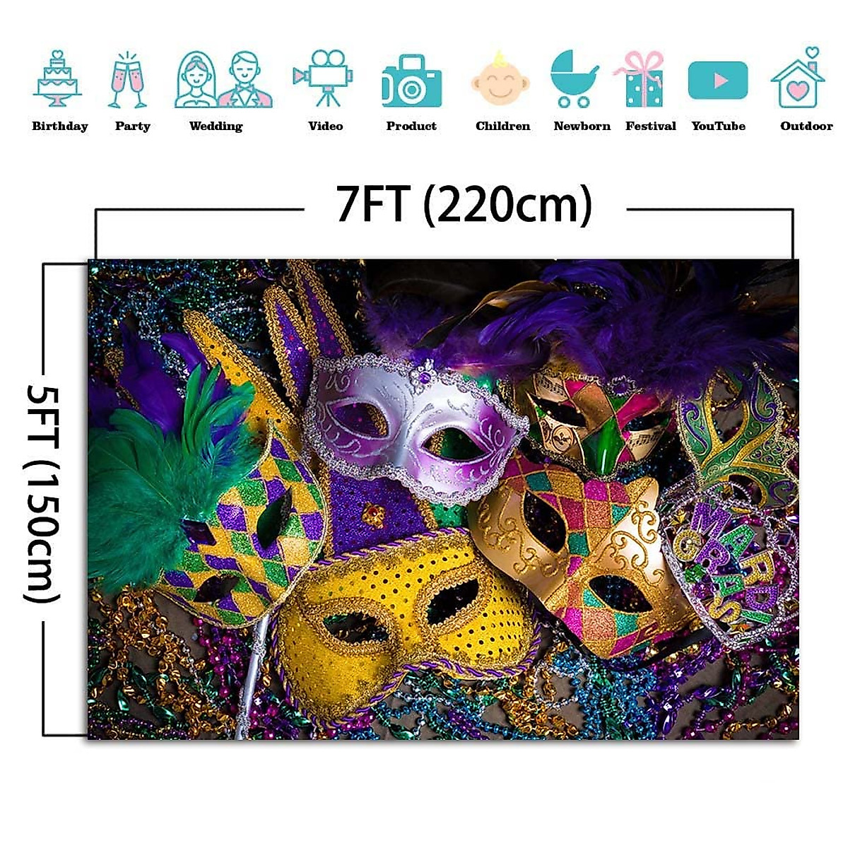Masquerade Backdrops Purple Gold Glitter Beads Mask Carnival Photography Backdrop Fiesta Mardi Gras Dance Photo Background Birthday Party Photo Booths Props Decorations Supplies Vinyl 7x5ft