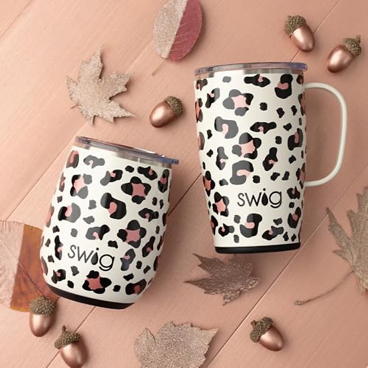 Swig Life 14oz Stemless Wine Cup, Insulated Wine Tumbler with Lid, Stainless Steel Travel Tumbler (Luxy Leopard)