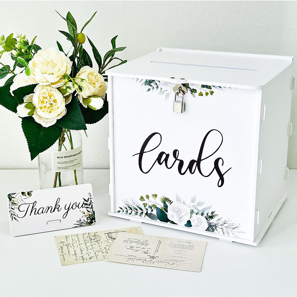 CYAOOI White Wedding Card Box with Lock, PVC Party Card Box for Wedding Reception, Floral Wedding Money Envelope Gift Card Holder Box for Graduation Birthday Baby Shower Decorations