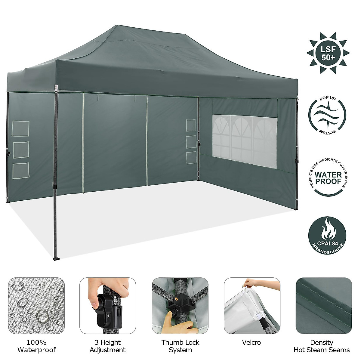 COBIZI 10x15 Pop up Canopy Gazebo 3.0, Easy up Heavy Duty Canopy with 4 Removable Sidewalls, High Stability, All Weather Sunshade 100% Waterproof Outdoor Canopy Tents, Gray