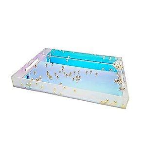 Iridescent Acrylic Serving Tray with Handles 16x12 Inch - Acrylic Tray Perfume Tray Spill Proof, Decorative Tray for Ottoman Coffee Table Countertop, Wedding Decor, Engagement, Dinner Desk
