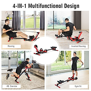 GYMAX 4 in 1 Rowing Machine, Adjustable Ab Machine with Resistance Bands, Multifunctional Rower Abdominal Fitness Equipment Whole Body Workout Machine for Home Gym