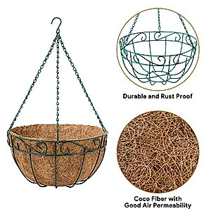 Amagabeli 4 Pack Hanging Plant Planter Baskets 10 Inch with Coco Coir Liner Round Metal Wire Plant Holder with Chain Porch Decor Flower Pots Hanger Garden Decoration Indoor Outdoor Green BG401