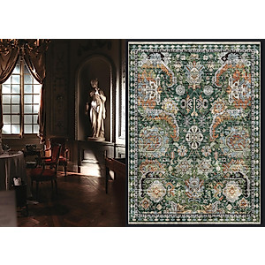 RUGSURE Washable Area Rugs - Perfect for Living Room, Bedroom, Kids Room, Nursery - Stain & Water Resistant Non-Slip, Pet & Child Friendly, Vintage Tribal Area Rugs (Green, 5' x 7')