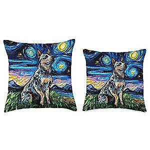 Sagittarius Gallery Blue Heeler Starry Night Australian Cattle Dog Art by Aja Throw Pillow, 18x18, Multicolor