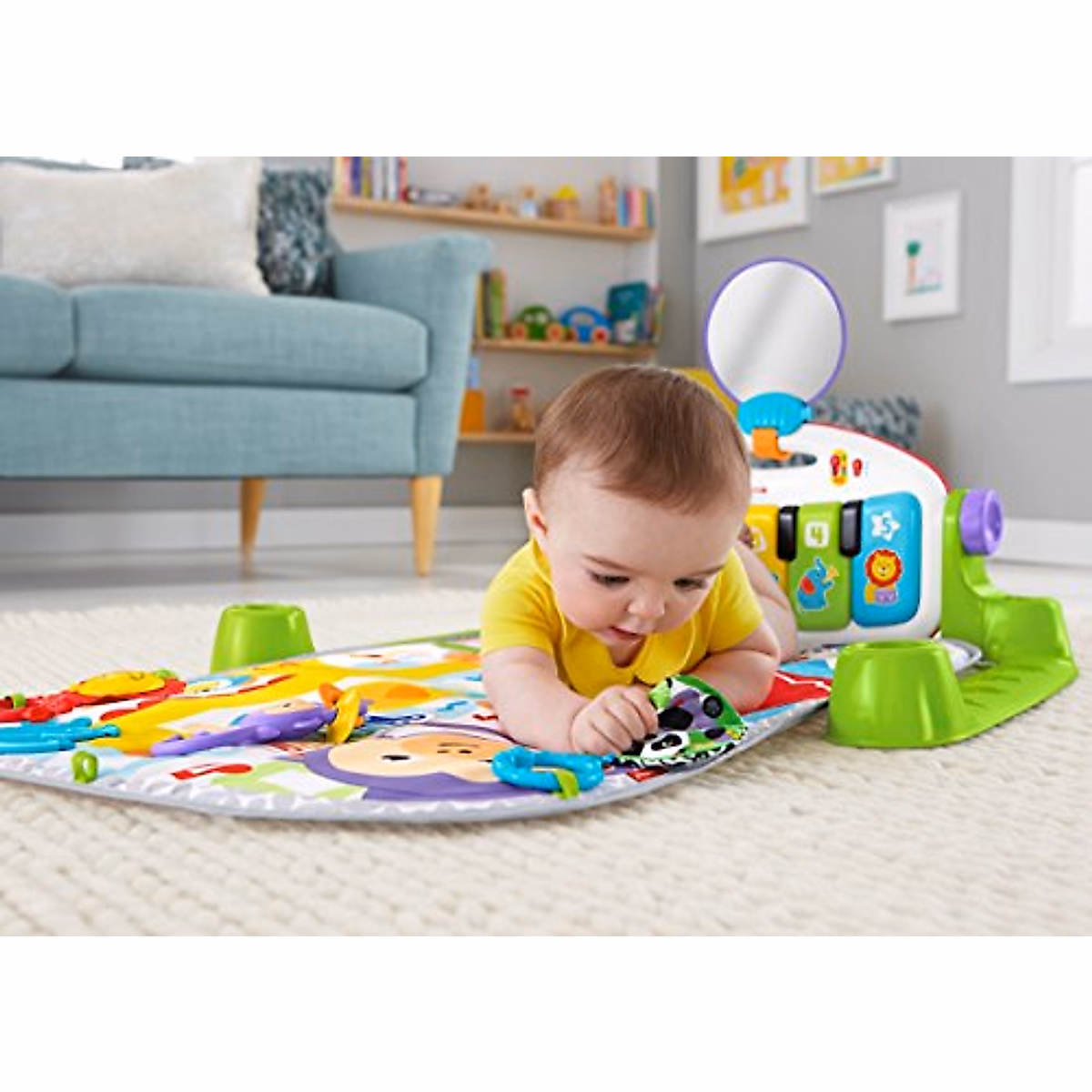 Fisher-Price Baby Playmat Deluxe Kick & Play Piano Gym & Maracas With Smart Stages Learning Content, 5 Linkable Toys & 2 Soft Rattles [Amazon Exclusive]