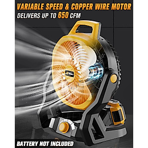 HEINPRO Battery Operated Fan for Dewalt 20V Max Battery with AC Adapter, Up to 650 CFM Portable Fan, Variable Speed Battery Powered Fan Low Noise 30dB Cordless Fan, Jobsite Camping Fan (Only Tool)