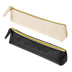 Ymapinc Office Organizer Bag, 2 PCS Small Pencil Pouch With Zipper Cute Office Pouch Bag/PU Leather Small Pouch Stationery Pouch Zipper Bag for Pens, Pencils, Markers(Black & Beige)