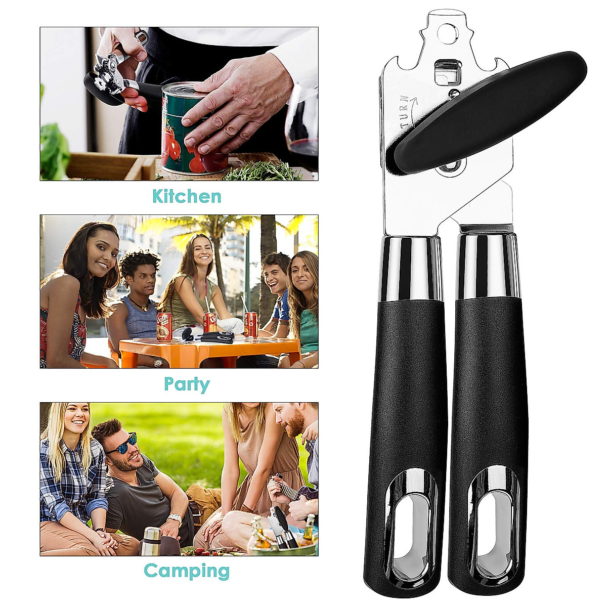 Can Opener, Kitchen Aid Can Opener Manual Smooth Edge Food Safety Cut 3-in-1 Can Openers Bottle, Can Opener Handheld with Bottle Opener, Easy to Use