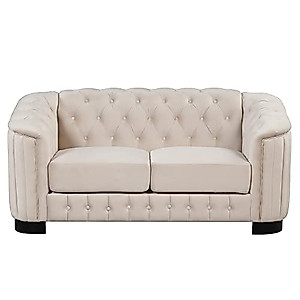kevinplus 64'' Loveseat Chesterfield Sofa Couch for Living Room, Velvet Modern 2-Seat Tufted Upholstered Small Sofa Couch with Thick Removable Seat Cushion for Apartment Bedroom, Wooden Legs, Beige