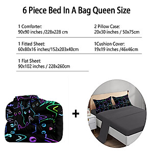 6 Piece Cat Comforter Set Queen Size Bed in A Bag set Cute Black Cat Bedding Set for Girls Boys Kids Teens (with 1 Comforter,1 Flat Sheet,1 Fitted Sheet,2 Pillowcases,1Cushion Cover)Cats 5001-6Pcs Q