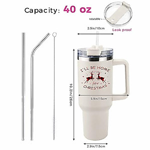 LB LEOBON 40 ounce insulated cup with handle, double-layer vacuum stainless steel material, equipped with straw, can keep warm or maintain cold drinks Reindeer I'll Be Home for Christmas white