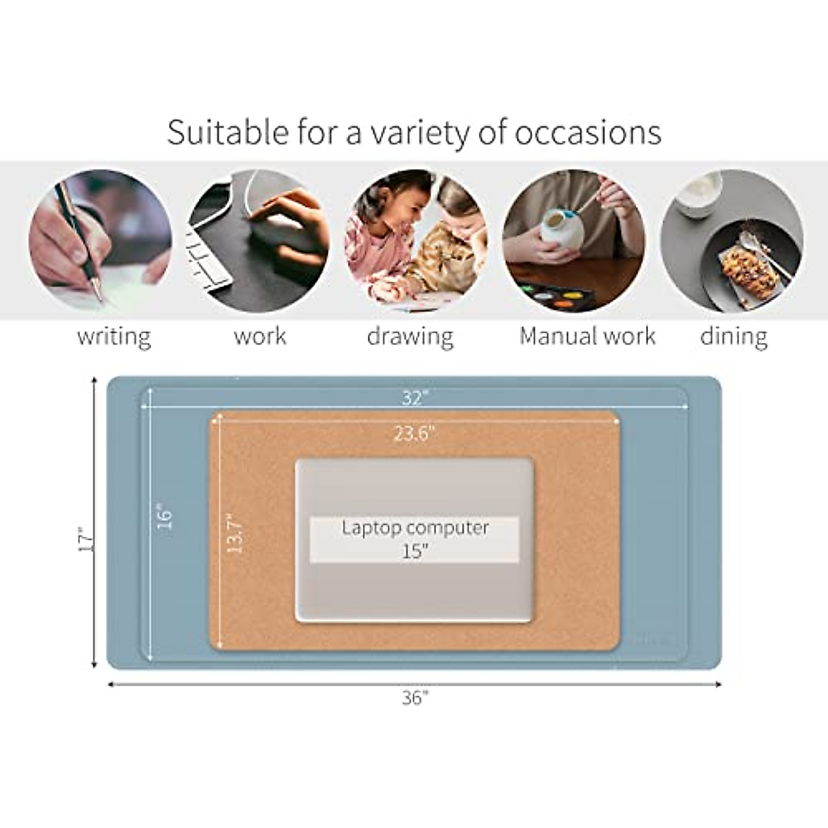 RENMTURE Dual-Sided Desk Pad, Natural Cork & PU Leather Large Mouse mats for Office and Home Work, Desk Protector Non-Slip, Waterproof, Easy Clean (Blue Gray, 36"x17")