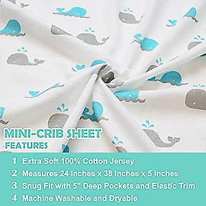 TL Care Fitted Mini Crib Sheet 24" x 38", Soft Breathable Neutral 100% Cotton Jersey Portable Sheet, Aqua Whale, for Boys and Girls, Fits Most Pack N Play and Mini Crib Mattresses