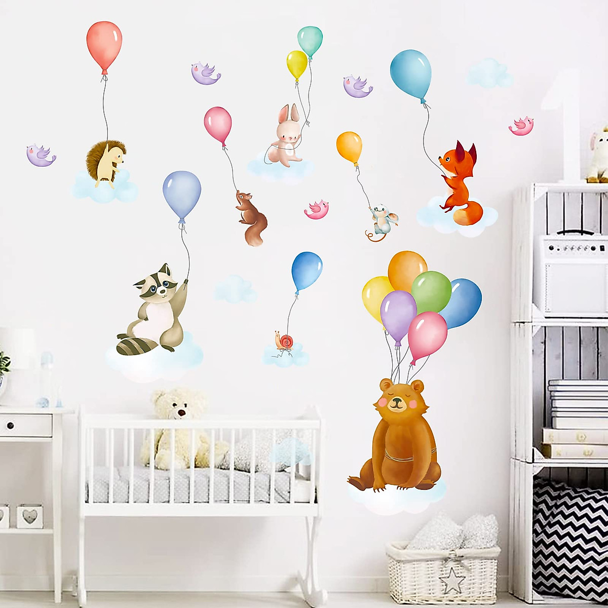 wondever Balloon Flying Animals Wall Stickers Bear Raccoon Fox Cloud Peel and Stick Wall Art Decals for Baby Nursery Kids Bedroom