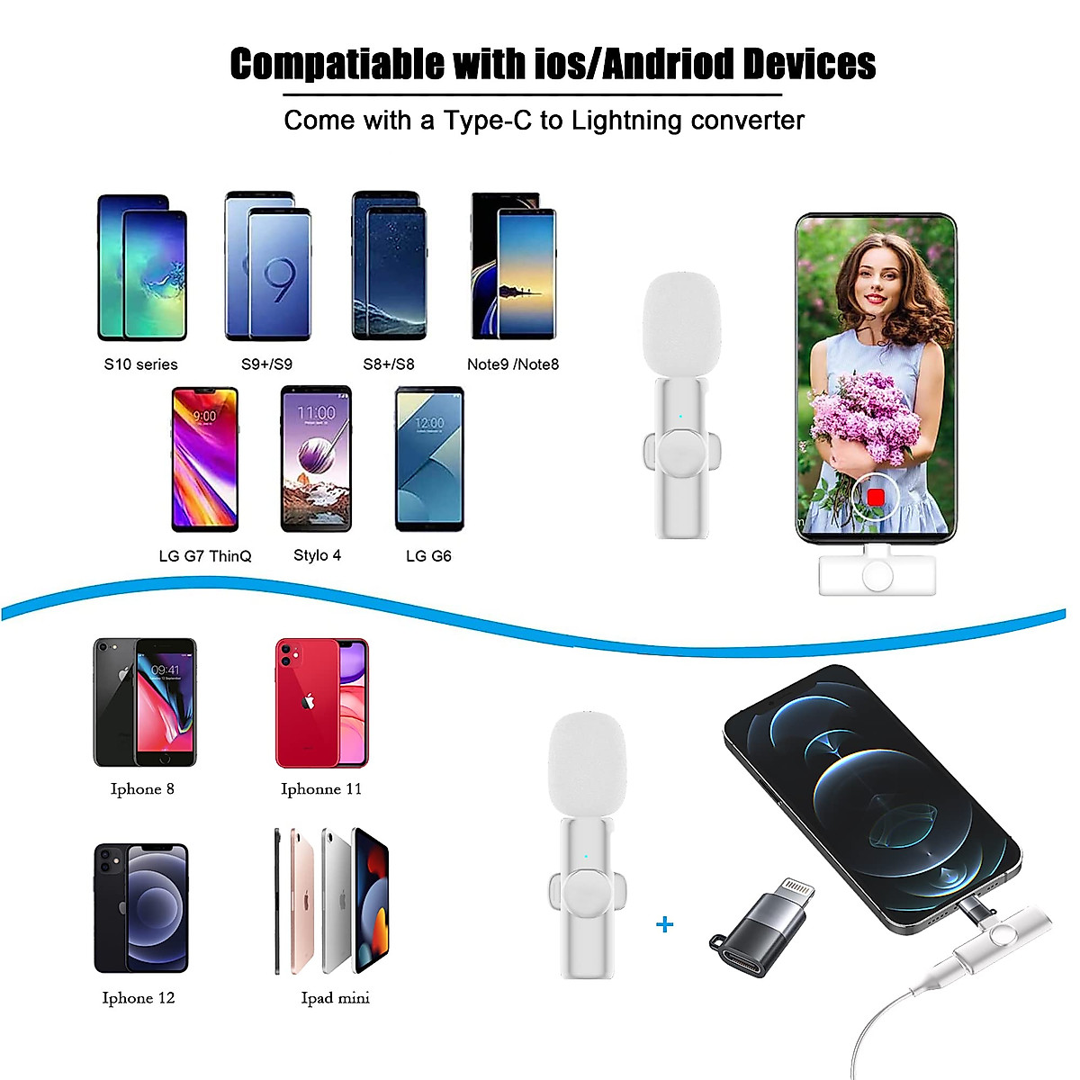 Oakaylif Wireless Microphones, Lavalier Microphone for Smartphone Plug-Play Recording Microphones Automatic Noise Reduction for Smartphone, Laptop, Vlog, Tiktok, Facebook, YouTube - White