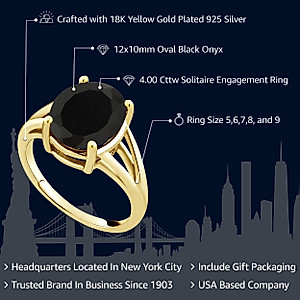 Gem Stone King 18K Yellow Gold Plated Silver Black Onyx Ring For Women (4.00 Cttw, Gemstone December Birthstone, Oval 12X10MM, Available In Size 5,6,7,8,9)