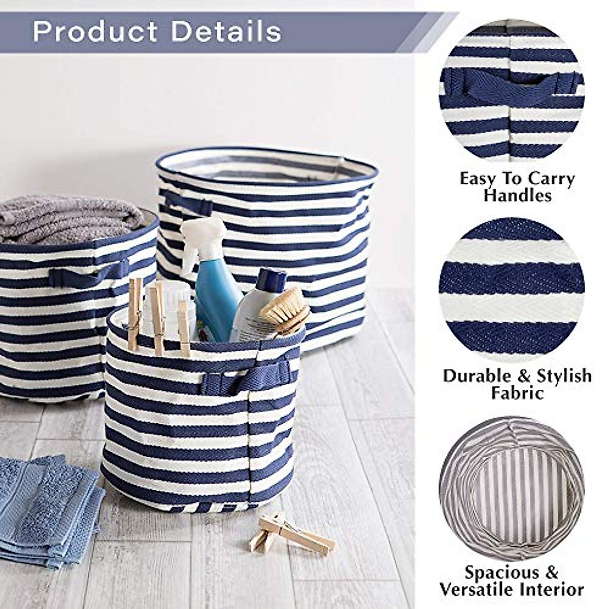 DII Laundry Storage Collection Cabana Stripe Collapsible and Waterproof Bins, Round Hamper, 13.75x20, Black