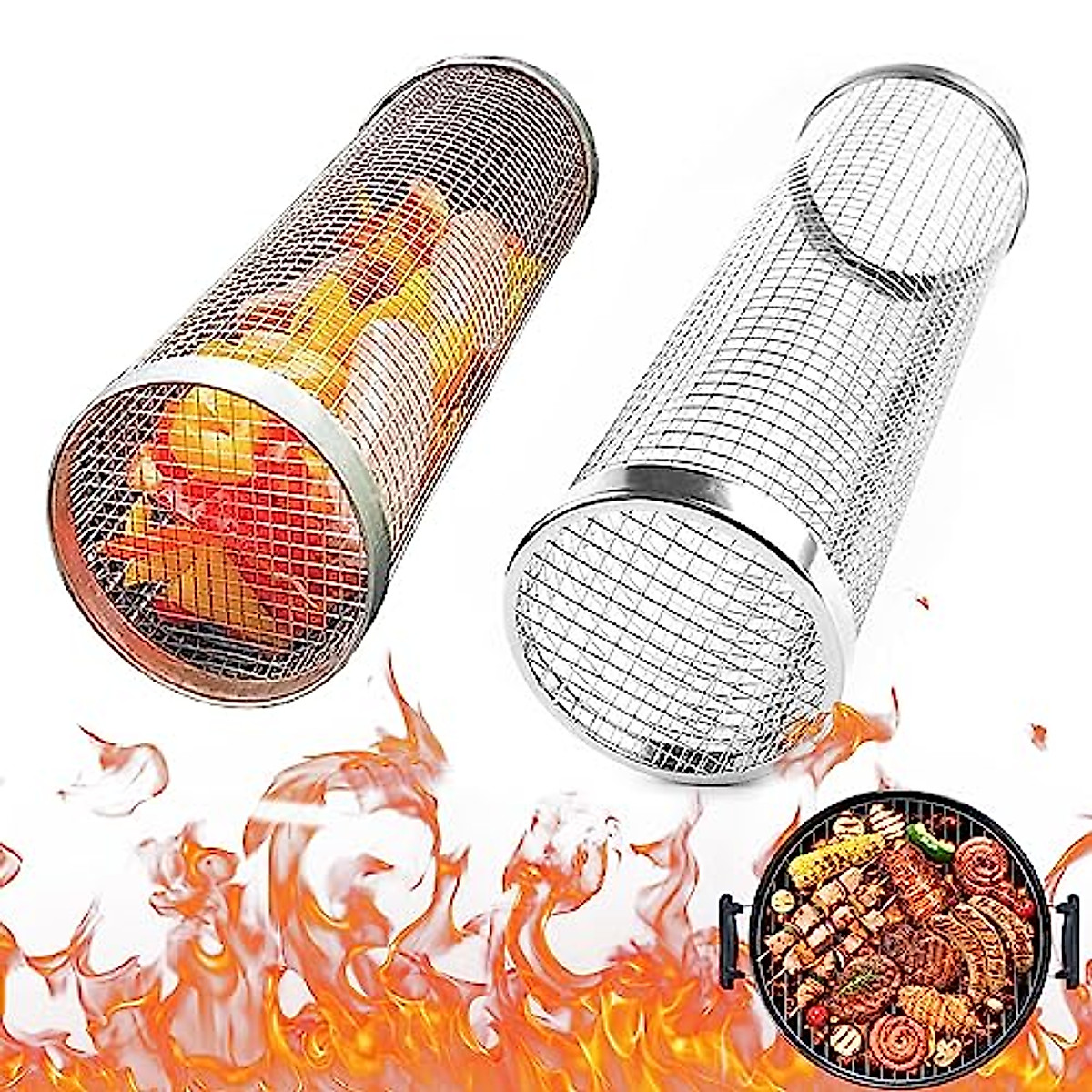 Rolling Grilling Baskets for Outdoor Grilling - Perfect BBQ Net for Veggies,Fries,Fish,Meats - 2PCS Cylindrical Stainless Steel Grilling Mesh for Outdoor BBQ Cooking/Camping/Picnic(8.2 Inch-High)