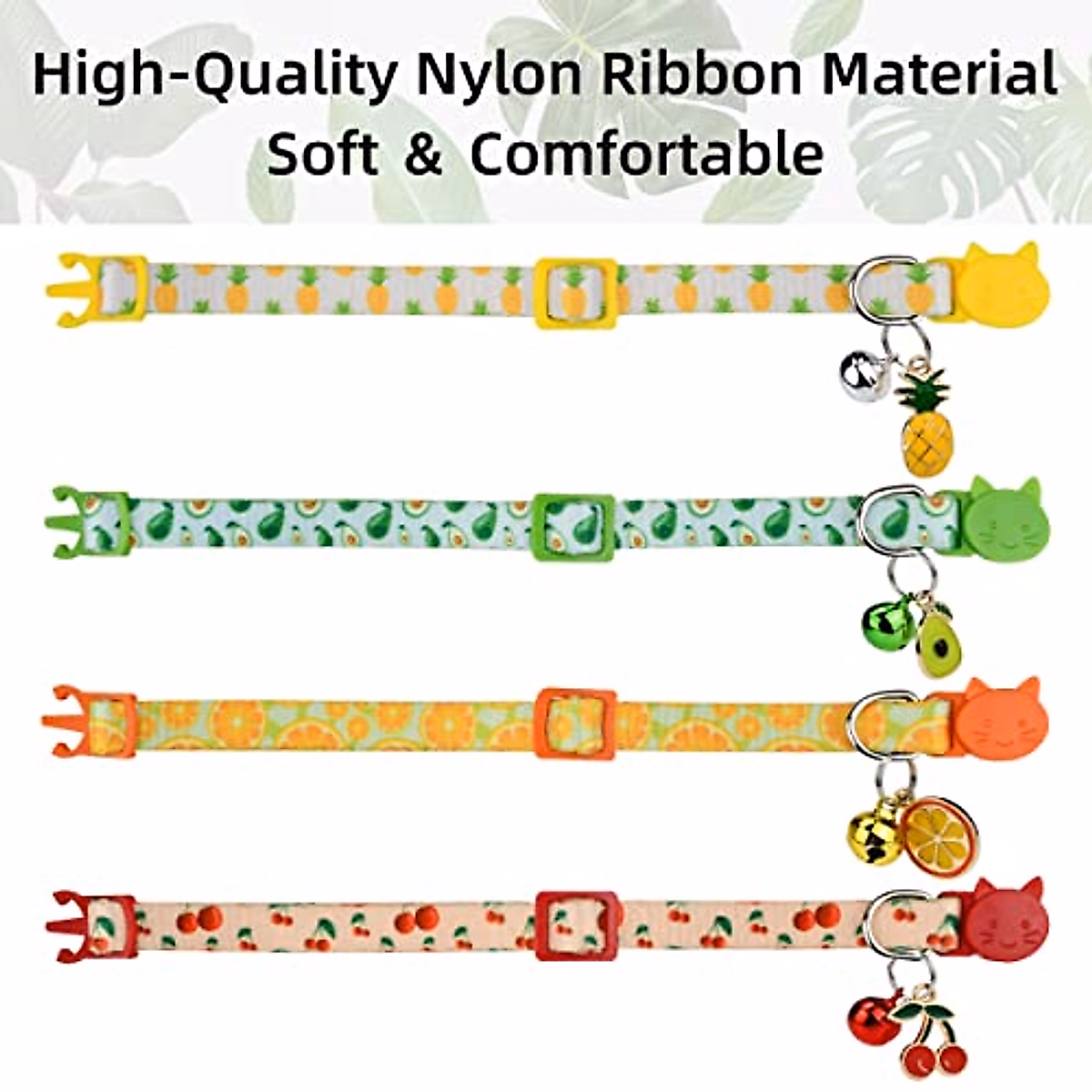 CooShou 4Pcs Breakaway Cat Collars with Bells Kitten Collar Breakaway Friut Plaid Collar with Pineapple, Cherry, Lemon, Avocado Adjustable Collars for Female Girl Cats Male Boy Cats