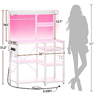 Aheaplus Bakers Rack with Power Outlet and LED Light Strings, Microwave Oven Stand Kitchen Storage Shelf with Wire Basket, Coffee Bar Station Island Table with 10 Hooks for Spices, Pots, Pans, White