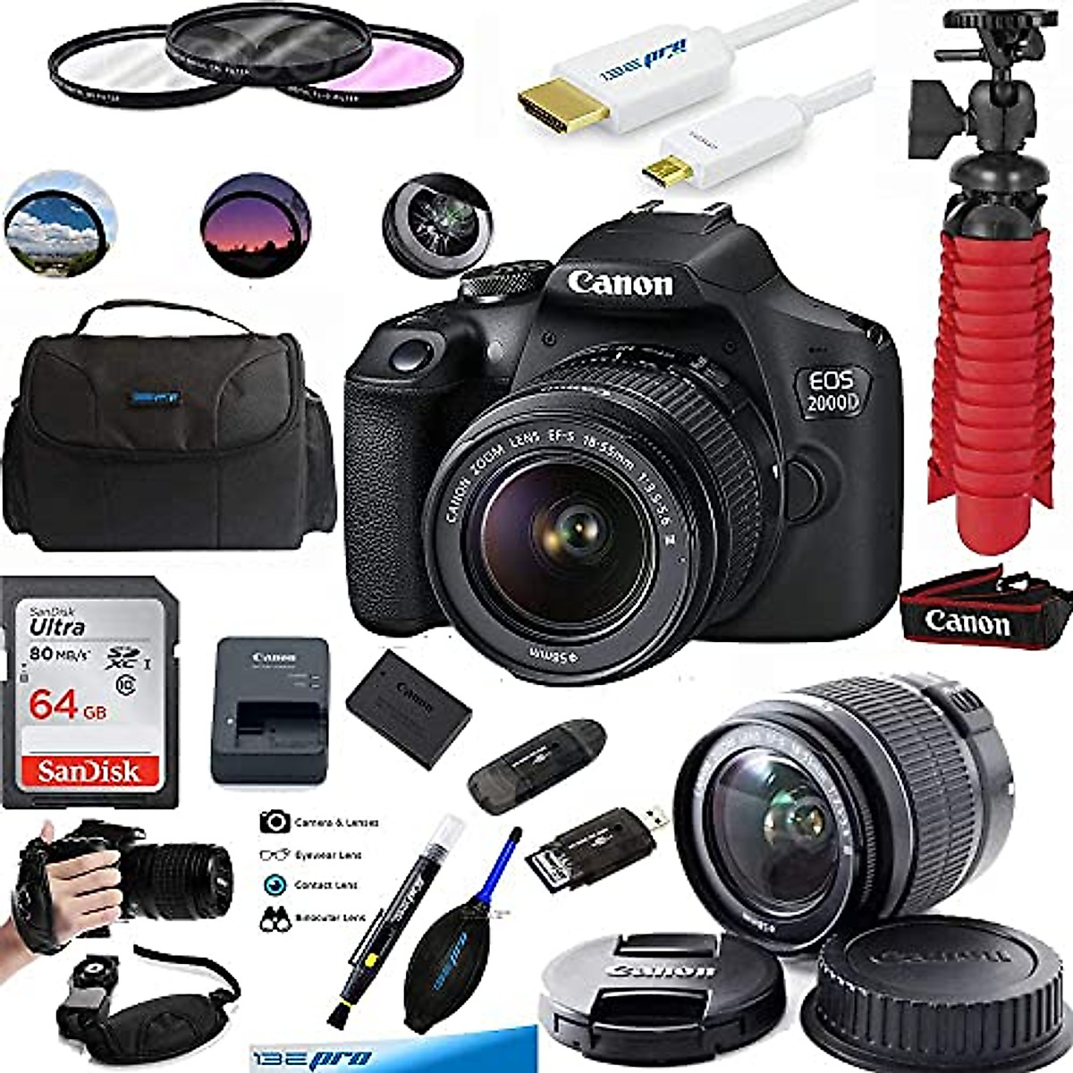 Canon EOS 2000D Digital SLR Camera with 18-55mm Lens Kit (Black) + 64GB Essential Accessories Bundle (International Version) ,(CN2000D64GBEXESS)