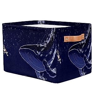 Pardick Large Collapsible Storage Bins ,Universe Whale Decorative Canvas Fabric Storage Boxes Organizer with Handles，Rectangular Baskets Bin for Home Shelves Closet Nursery Gifts