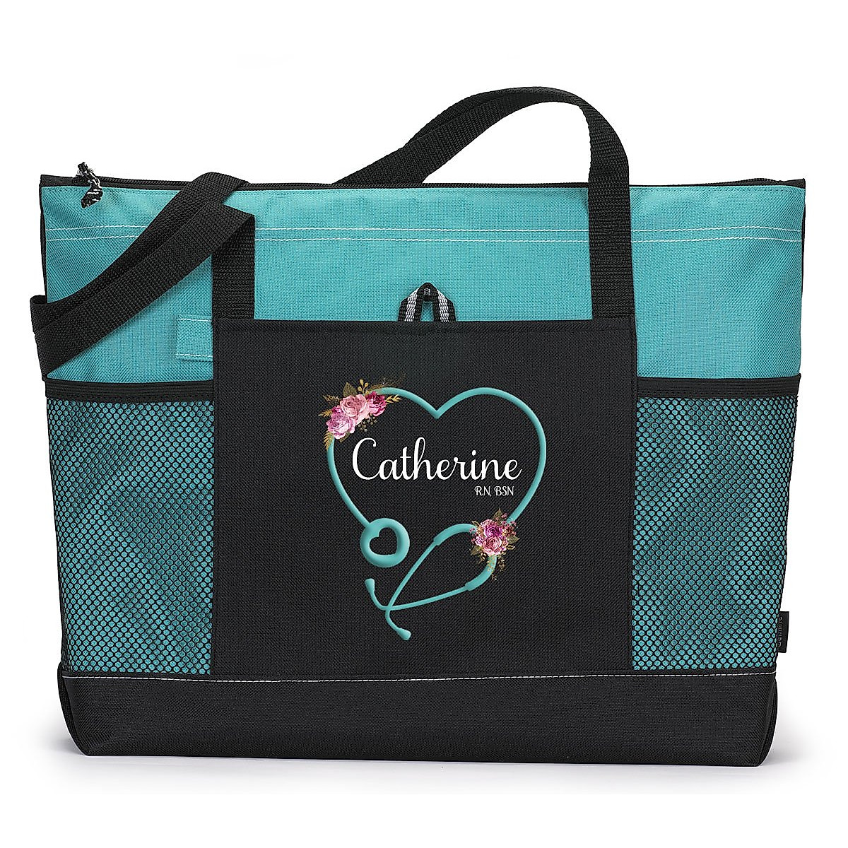 Personalized Nurse with Heart Stethoscope, CNA, RN, LPN Tote Bag with Mesh Pockets, Custom Printed