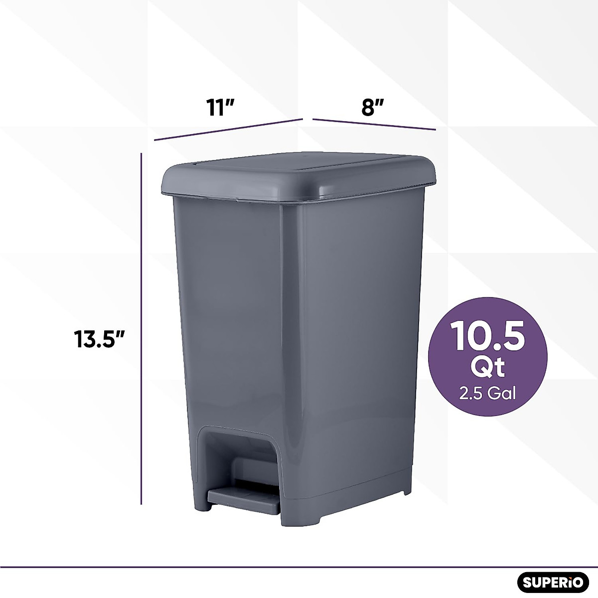 Superio Slim Trash Can with Foot Pedal – 2.5 Gallon Step-On Trash Can, Garbage Can, Small Trash Can for Bathroom, Kitchen, Office, Patio, or Backyard – Onyx Grey