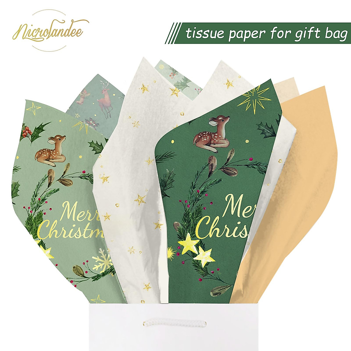 Nicrolandee Christmas Tissue Wrapping Paper 24 Sheets, 20 X15 Inches Christmas Tissue Paper for Gift Bags Wrapping, DIY Crafts Gift Wrap Paper for Xmas New Year Holiday Birthday Party