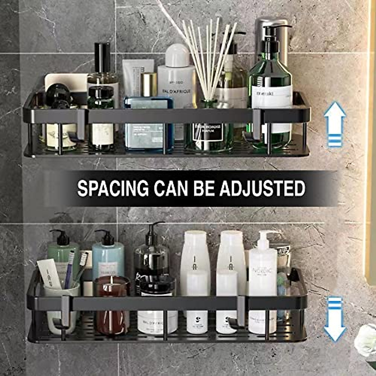 Shower Caddy, Stainless Steel Bathroom Organizer, Black Shower Shelf with 2 Hooks, No Drilling Shower Organizer for Bathroom Storage (Black-4 Pack)