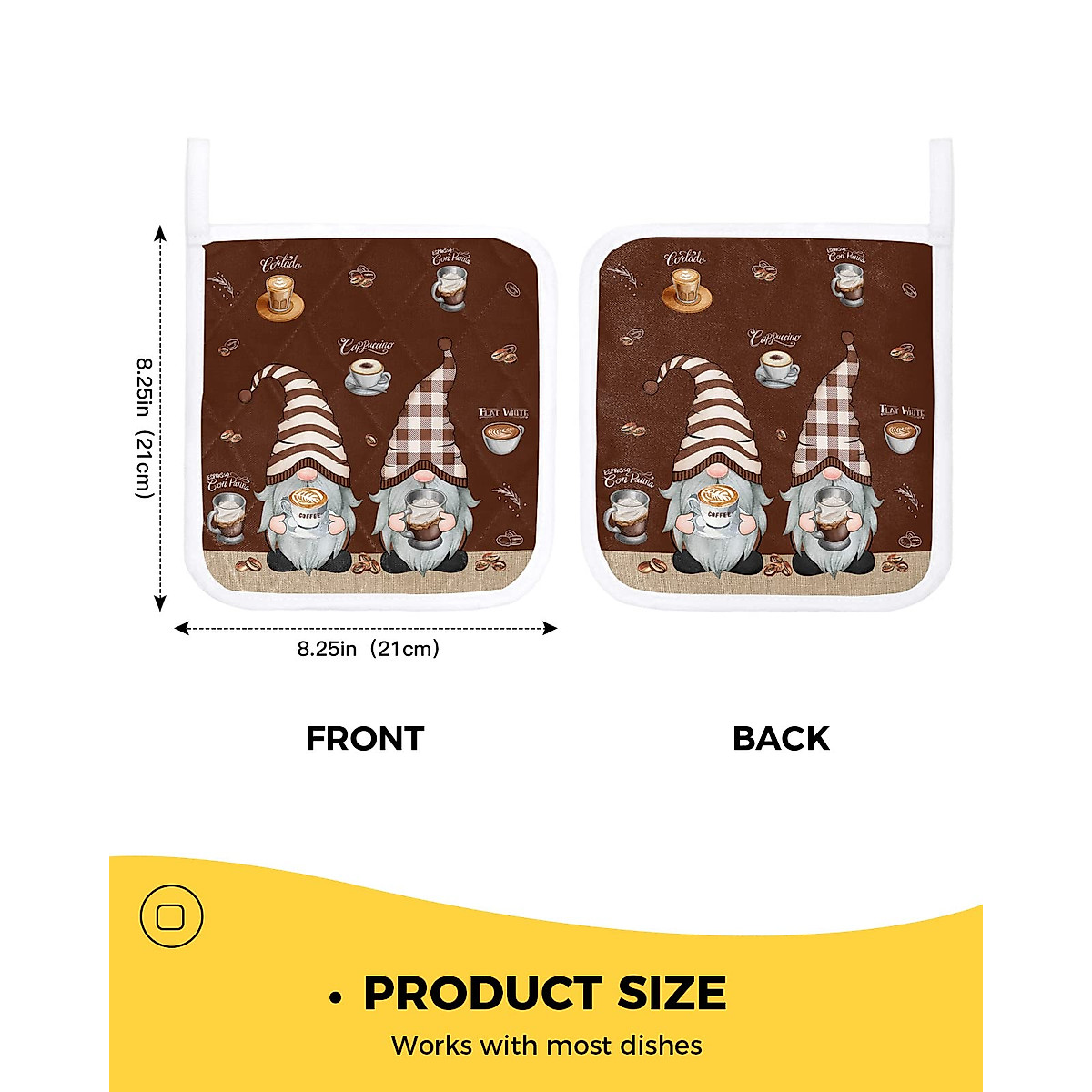 Pot Holders for Kitchen Cute Coffee Gnome with Cup and Beans Brown Set of 5 Potholders Heat Proof Non-Slip Oven Pot Holder Insulation Terry Cloth Hot Pad with Loop Retro Cotton Txeture