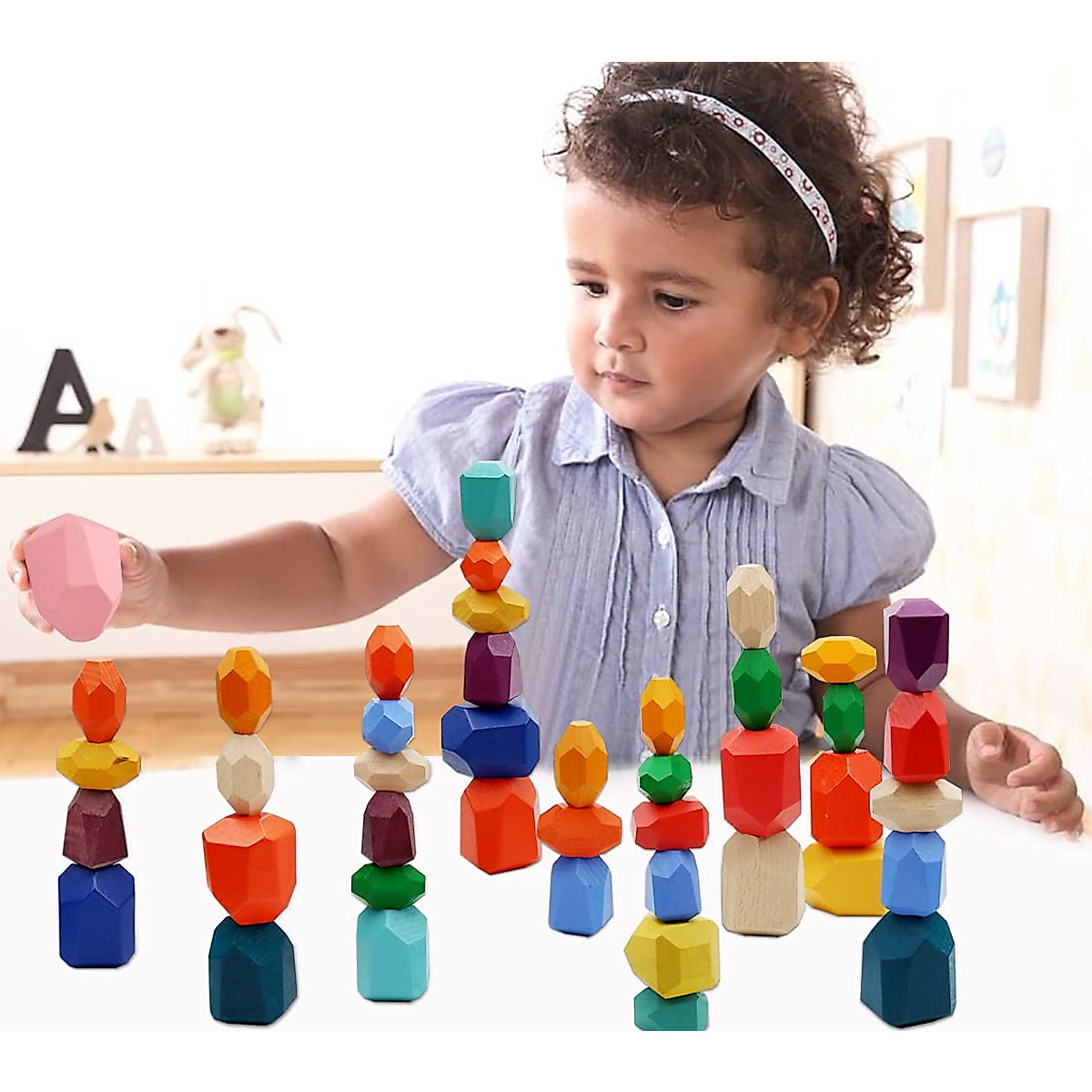 40 PCS Wooden Rocks Balance Stones Building Blocks Set, Colored Wood Balancing Stone Stacking Game, Lightweight Natural Educational Preschool learning Large Small Puzzle Toy for Kids (40PCS-2)