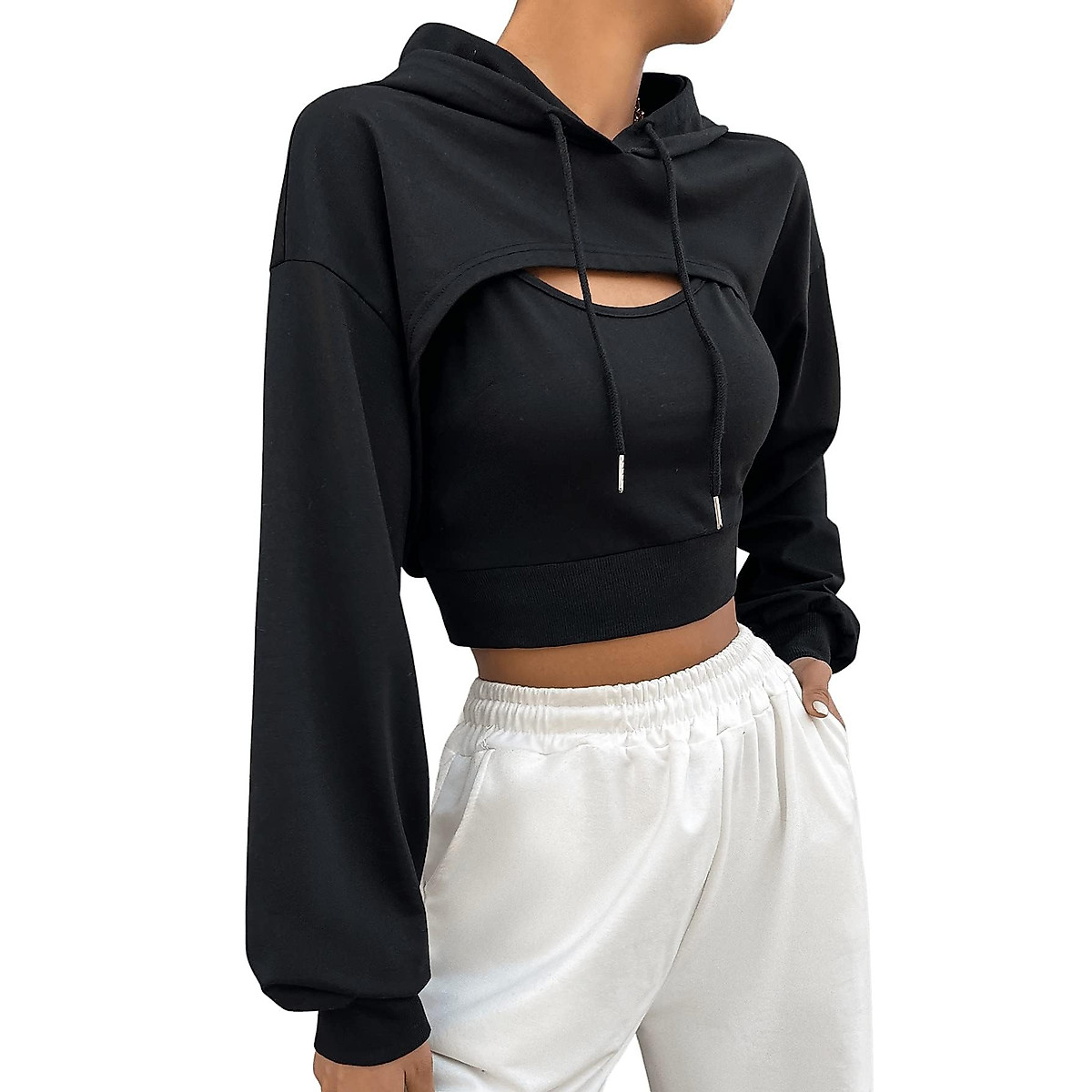 SweatyRocks Women's 2 Piece Outfits Long Sleeve Pullover Crop Top Sweatshirts Hoodie And Cami Tank Top Set Black S
