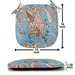 Lunarable Paisley Chair Seating Cushion Set of 6, Abstract Persian Paisley Design Floral Elements Vivid Color Palette Oriental, Anti-Slip Seat Padding for Kitchen & Patio, 16"x16", Blue Black Tan
