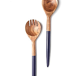 YoTreasure Tiramisu Resin & Wood Blue Salad Server Set Utensils for Modern Serving and Cooking