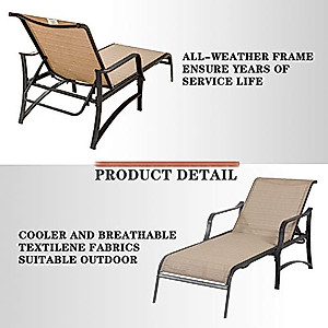 Festival Depot 3 Pc Patio Bistro Outdoor Chaise Lounge Chair Set Textilene Furniture Metal Adjustable Back Curved Armrest with Glass Desktop Coffee Side Table for Porch Yard Garden (Beige)
