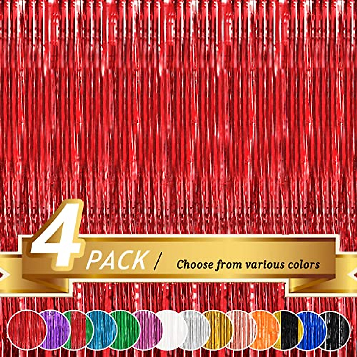BTSD-home Red Foil Fringe Curtain, Metallic Photo Booth Backdrop Tinsel Door Curtains for Wedding Birthday Bridal Shower Baby Shower Bachelorette Christmas Party Decorations(4 Pack, 8ft x 3ft)