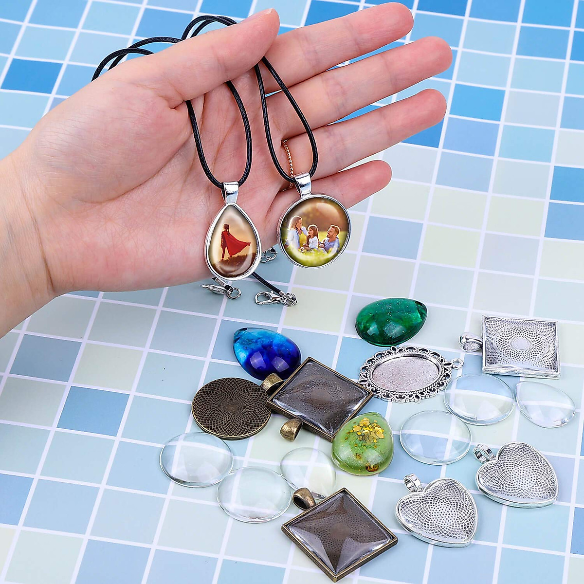 Pendant Trays with Glass Cabochons for Jewelry Making, Anezus 90pcs Pendants Trays Set Including 30pcs Bezel Pendant Trays Blanks, 30pcs Glass Cabochons and 30pcs Necklaces Cords for Necklace Making