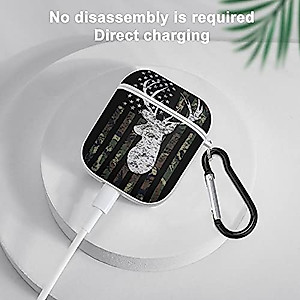 Shockproof Case Cover Compatible with AirPods 1 / 2 Wireless Charging Case Deer Camo Camouflage American Flag Hunting Black, Full Protective Plastic Cover with Keychain, LED Visible - White