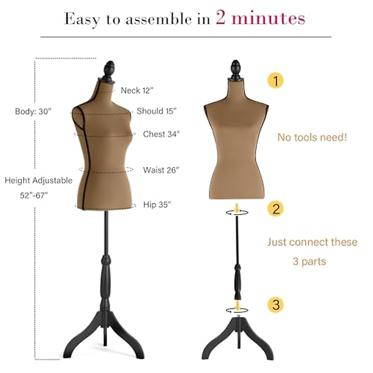 HOMBOUR Dress Form Mannequin Torso, Female Sewing Manikin Body, Pinnable Dressmaker Form with Wooden Tripod Base Stand for Display, Clothing Design, Dark Brown