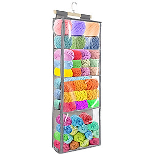 YEXEXINM Hanging Yarn Storage with 4 Large Pockets, Clear Knitting Organizer Storage with Zippers for Crochet Lovers, Hanging Yarn Holder with Over-Door Hooks for Knitting Needles Crochet Hooks