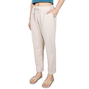Women's Drawstring Linen Pants Women Elastic Waist Soft Cotton Cropped Linen Pant Large Khaki