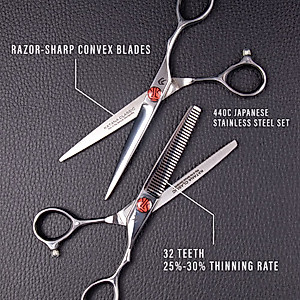 Katana Classic Professional 6.5" Shear Set by Tokko Shears, Premium 440C Japanese Steel Regular and Thinning Scissors for Barbers and Salon Professionals