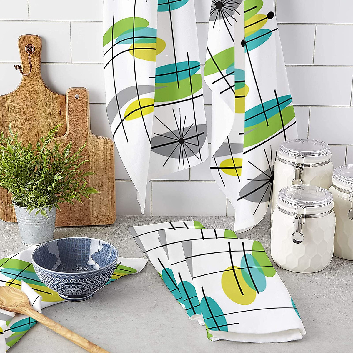 Kitchen Dish Towels 3 Pack-Super Absorbent Soft Microfiber,Mid Century Modern 44 Pattern Decoration Design Cleaning Dishcloth Hand Towels Tea Towels for Kitchen Bathroom Bar