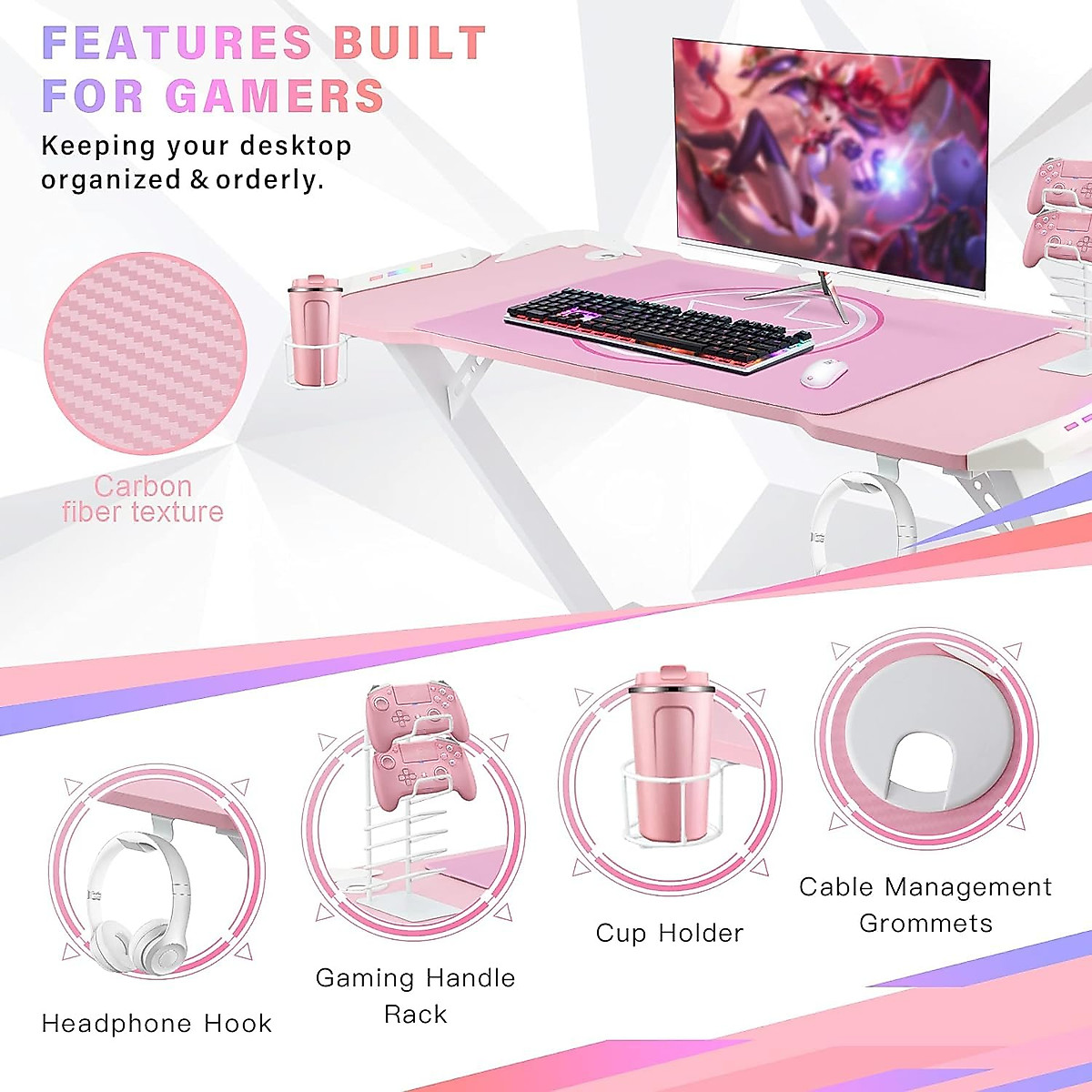 YOUTHUP Pink Gaming Desk with LED Lights, 55" Z Shaped RGB Gaming Computer Table, Ergonomic PC Workstation with Remote Control, Cup Holder, Handle Rack, Headphone Hook, Mouse Pad for Home Office Use