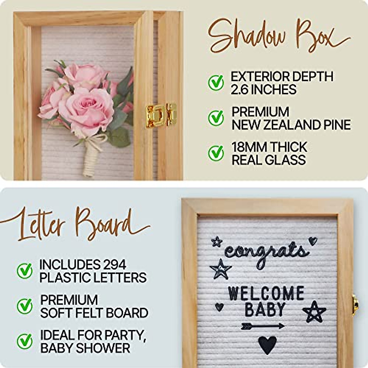 MOHNIC Shadow Box Frame with Changeable Letter Board – 8x10 inch Shadow Box Display Case with Felt Letter Board – Picture Frame, Memory Box for Photos, Artworks, Medals, and More (Natural Wood)