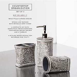 BINO Bathroom Accessories Set - Grey | Soap Dispenser | Toothbrush Holder | Tumbler | 3-Piece Bathroom Organizer Countertop Set | Bathroom Decor | Home Decor | Bathroom Set